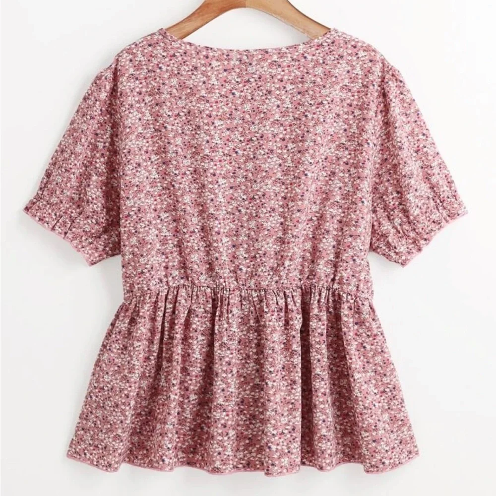 SHEIN | Tops | Shein Curve Pink Floral Tiefront Peplum Blouse | Poshmark